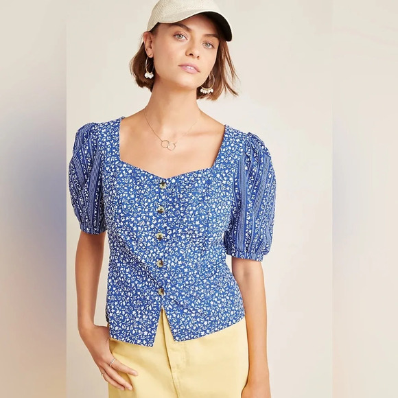 Maeve | Tops | Maeve By Anthropologie Marta Puff Sleeved Blouse In Blue ...